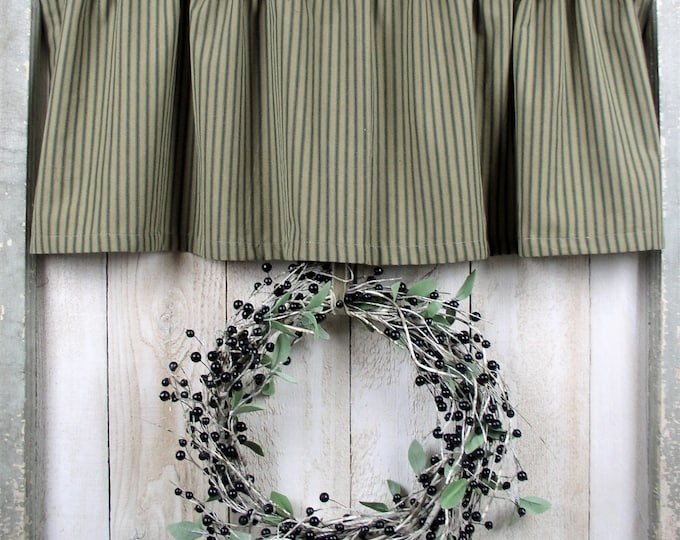 Green Khaki Ticking Homespun Valance Tiers Runners Farmhouse Curtains ...
