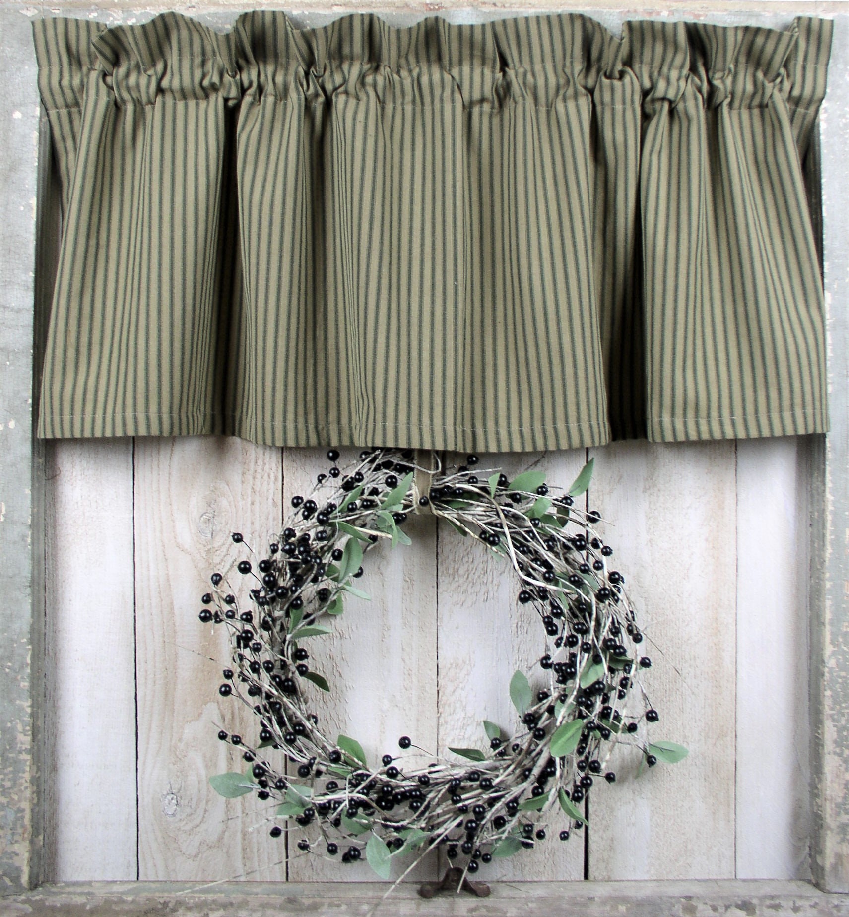 Green Khaki Ticking Homespun Valance Tiers Runners Farmhouse Curtains ...