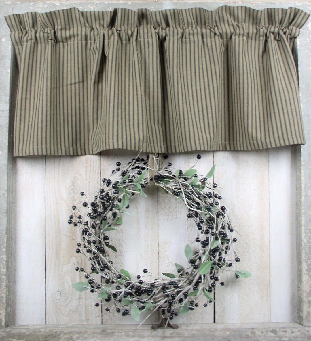 Black Khaki Ticking Homespun Valance Tiers Runners Farmhouse Curtains ...