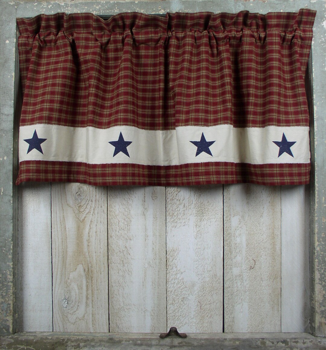 Americana Stars Homespun Valance Berry Plaid With Navy Stars Usa 4th Of