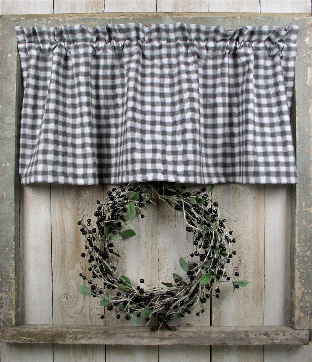Gray And White Checked Plaid Homespun Valances Tiers Runners Farmhouse