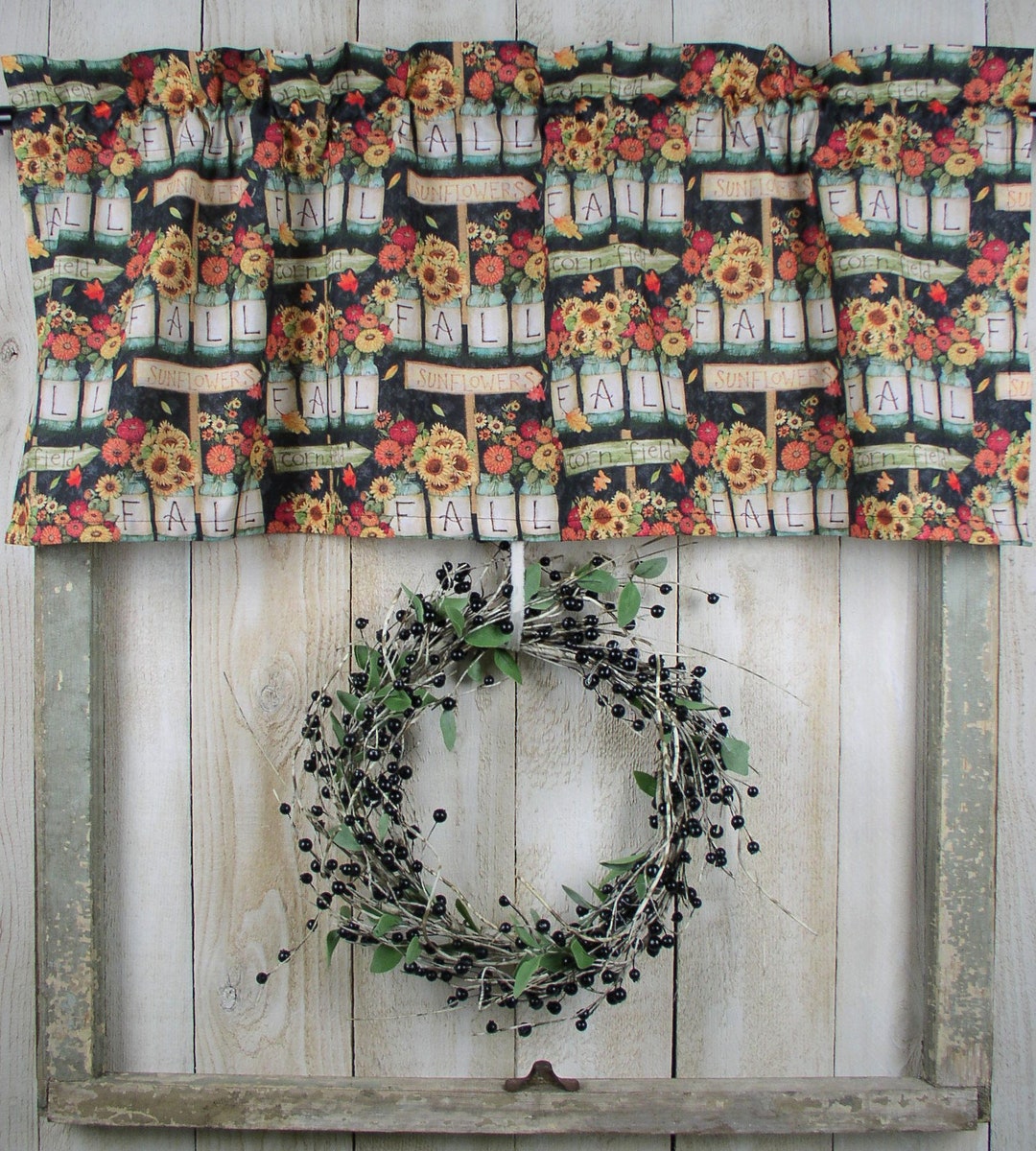 FALL MASON JARS Cotton Valance Fall Valance Country Curtain Kitchen ...