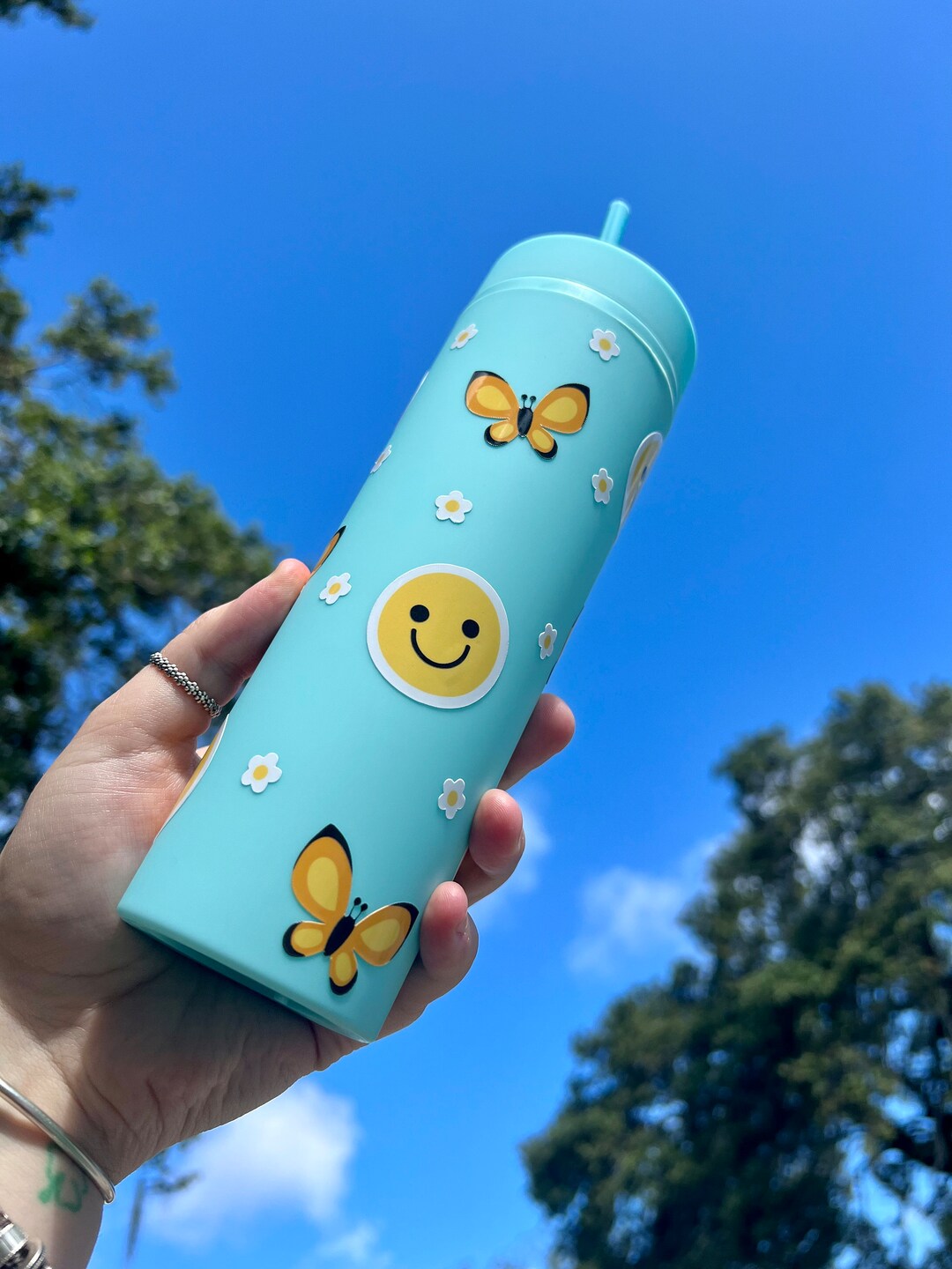 Smiley Face and Butterfly Cup Cute Spring 16oz Skinny Tumbler Light ...