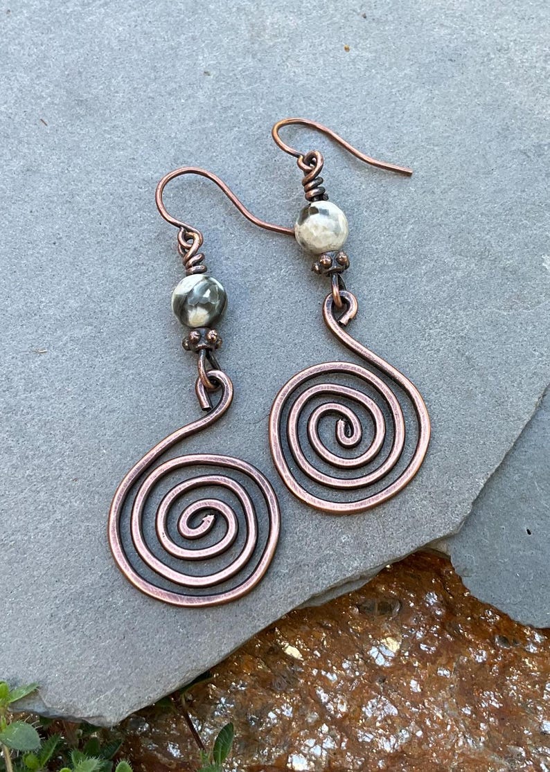 Handmade Hammered Copper Swirl Dangling Earrings With Gemstone Beads - Etsy