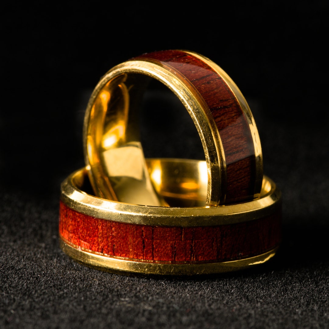 Mahogany Wood Ring in Gold Titanium. Unique Rings for Lover FREE ...