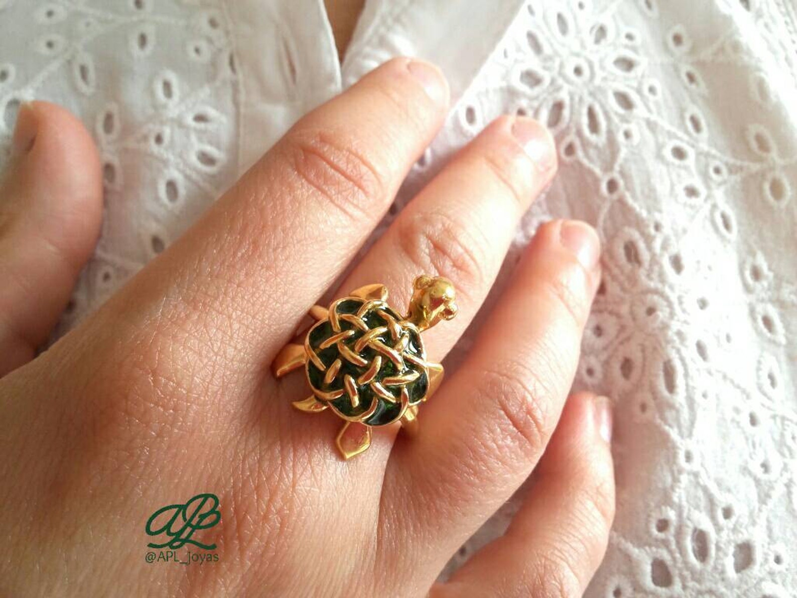Turtle Golden Ring With Green Enamel - Etsy