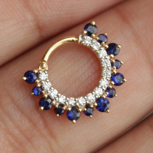 Natural Diamond Septum Daith Ring in 14K Solid Gold 14g 16g | Etsy