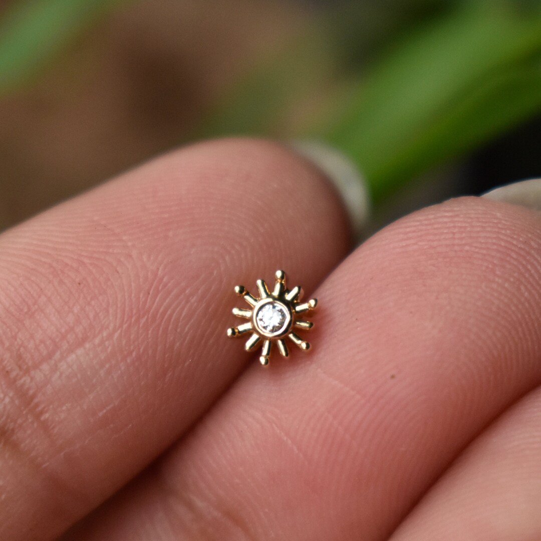 14k 18k Solid Gold Sun Stud, Natural Diamond Sunrays Piercing Jewlery ...
