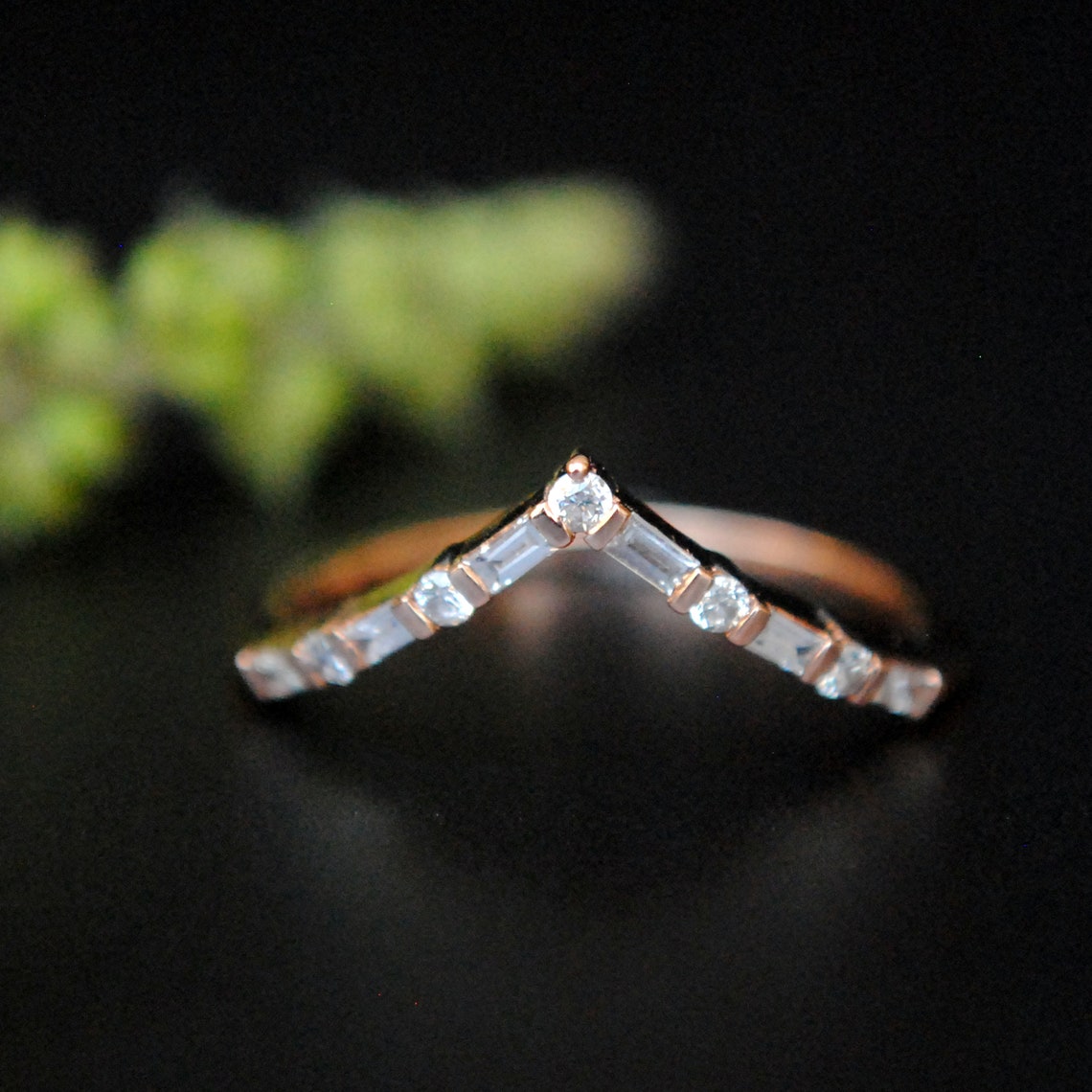 Deep Chevron V Ring with Baguette and Round Diamonds 14k | Etsy