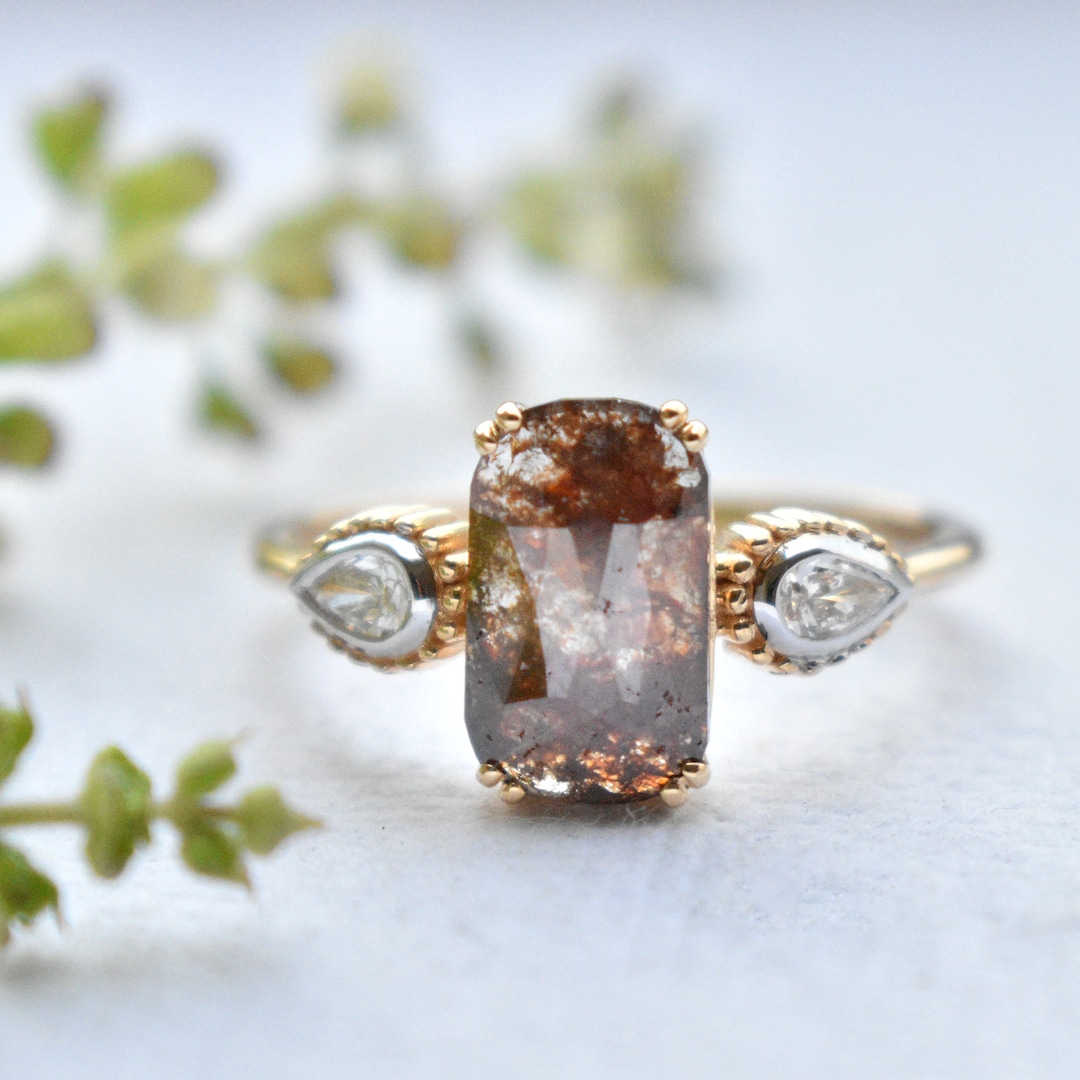 READY TO SHIP Celestial Brown Diamond Engagement Ring, 6x10mm Rose Cut ...