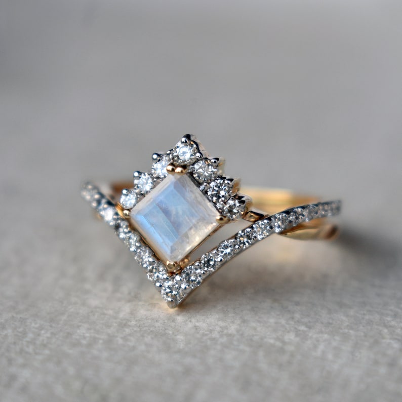 INTERLOCKING Square Moonstone & Diamond Crossover Ring Set - Etsy