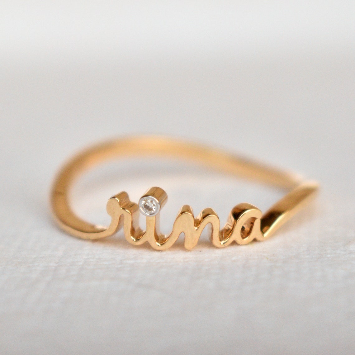 14k Solid Gold Name Ring with Natural Diamond Personalized | Etsy