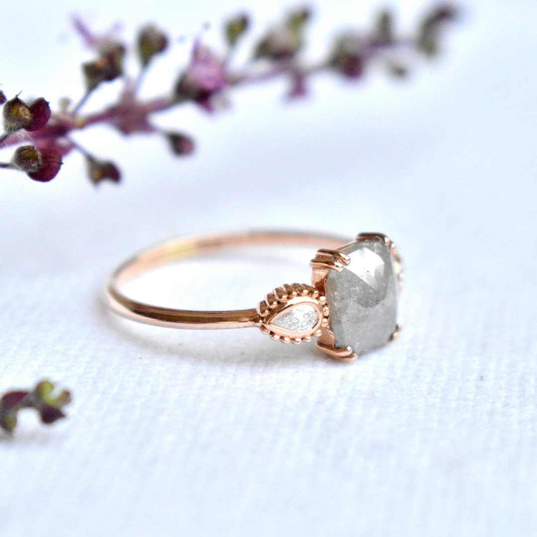 Celestial Grey Diamond Engagement Ring, 14k Solid Rose Gold Unique ...