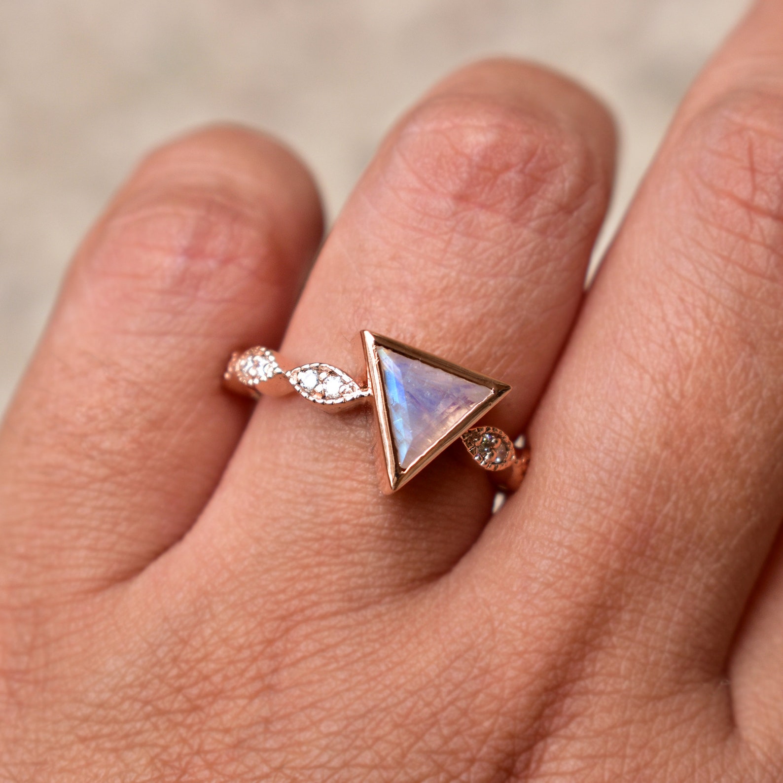 Triangle Moonstone Engagement Ring with Diamond Studded Band | Etsy