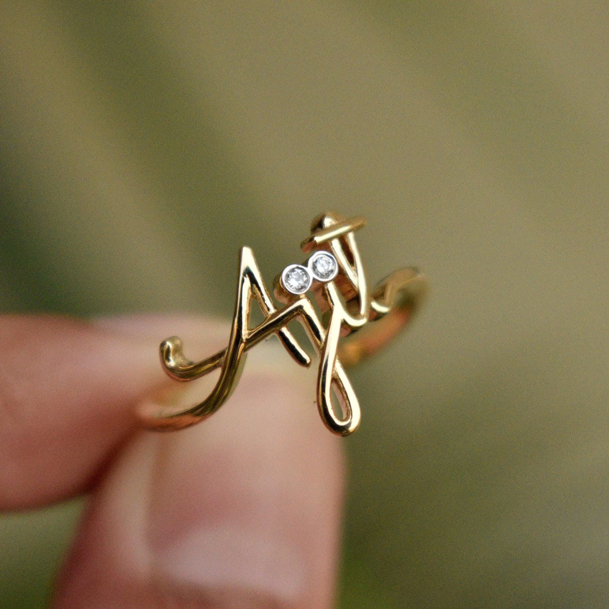 14k 18k Solid Gold Name Ring With Natural Diamond, Personalized Name ...