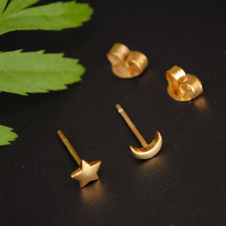Star Moon 14K Solid Gold Stud Earrings, Celestial Flatback Pushback Studs, Cartilage Helix ...