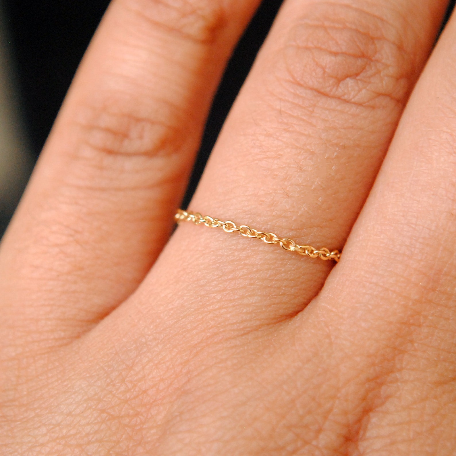 14k Solid Gold Chain Ring 1mm Fine Gold Simple Skinny Gold - Etsy