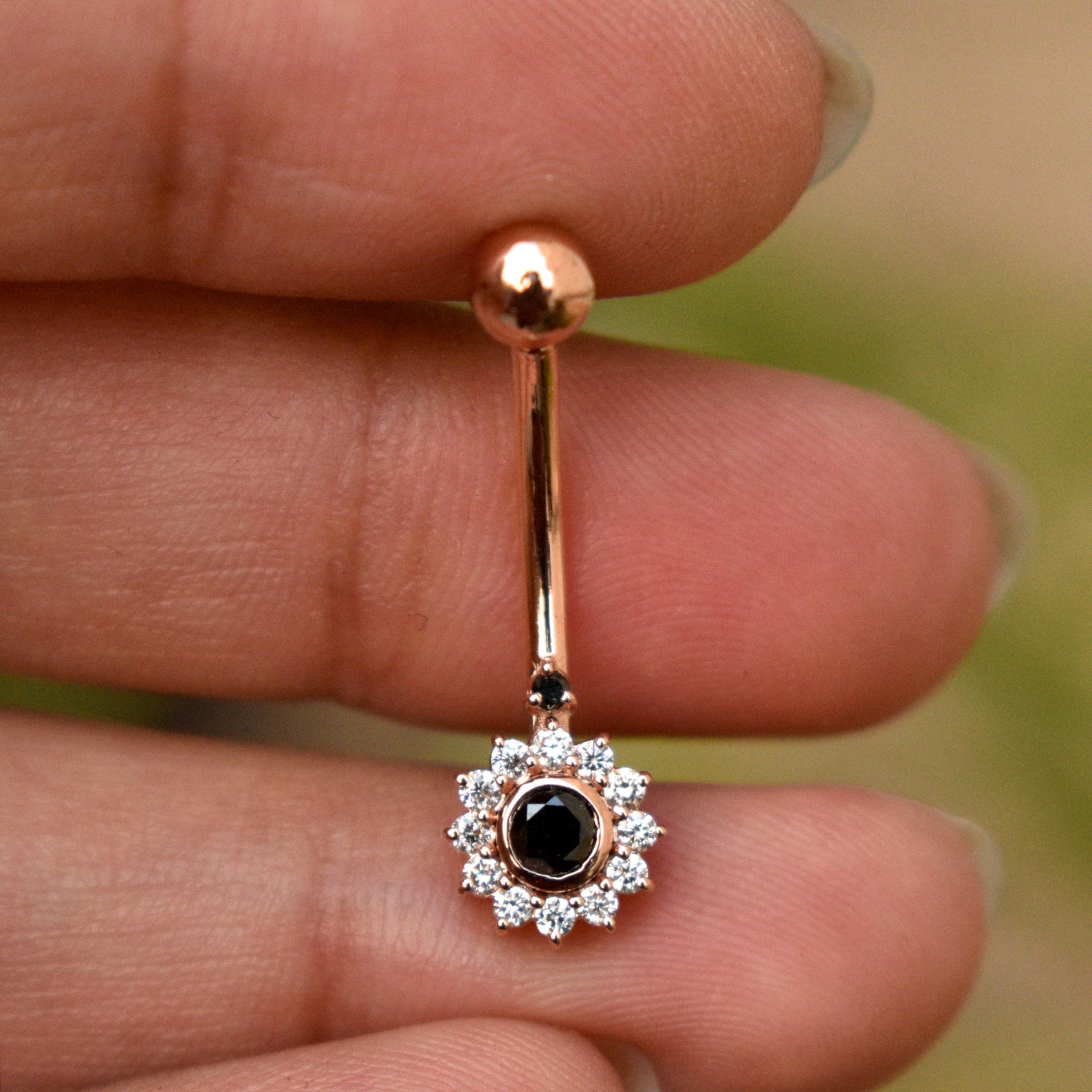 Natural Black & White Diamond Belly Button Ring, 14k 18k Solid Gold ...