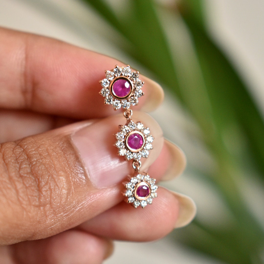 Natural Diamond & Ruby Dangle Belly Button Ring, 14k 18k Solid Gold ...