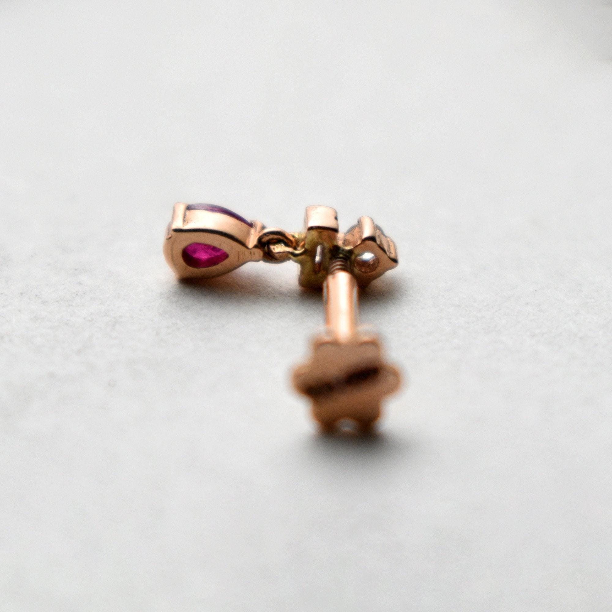 Natural Diamonds & Ruby Tiny Dangle Earring, 14k 18k Solid Gold ...