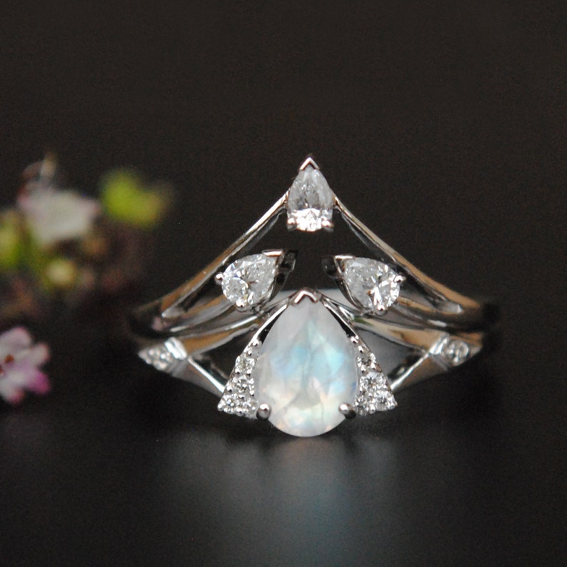 Moonstone Engagement Ring Set 14k Gold Rainbow Moonstone and - Etsy