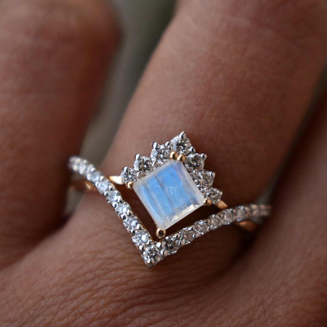 INTERLOCKING Square Moonstone & Diamond Crossover Ring Set, 14K 18K Solid Gold 2pc Puzzle Rings ...