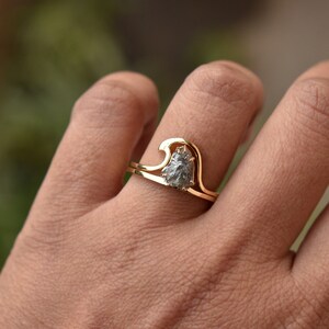 Gray Rough Diamond Wave Ring Set, 14K Solid Yellow Gold Rings, Ocean ...