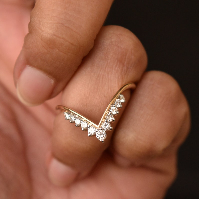 11 Diamond Deep V Chevron Stack Ring in 14K Solid Gold Crown - Etsy