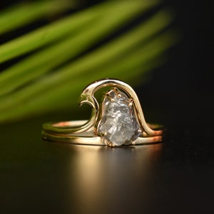 Gray Rough Diamond Wave Ring Set, 14K Solid Yellow Gold Rings, Ocean ...