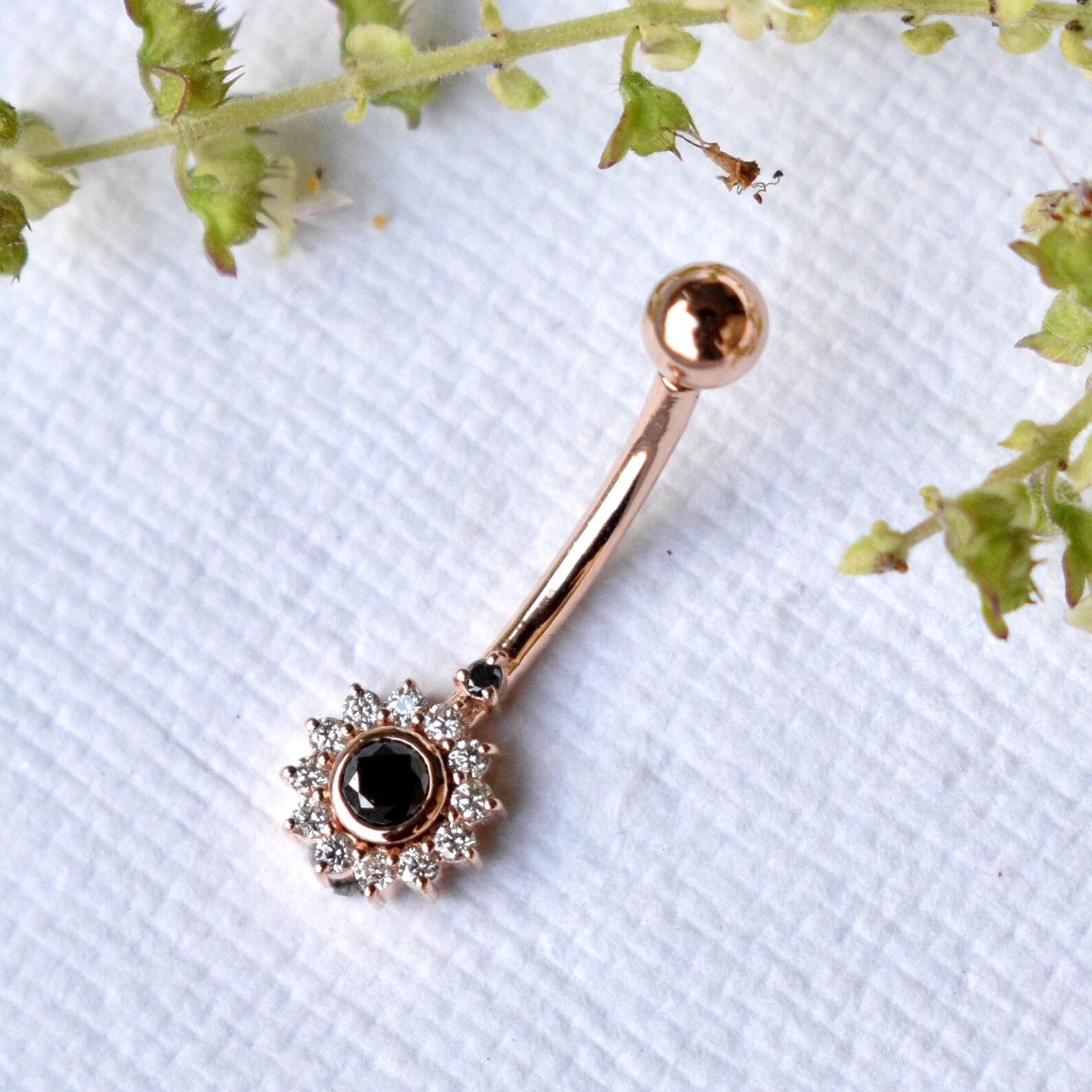 Natural Black & White Diamond Belly Button Ring in 14k Solid | Etsy