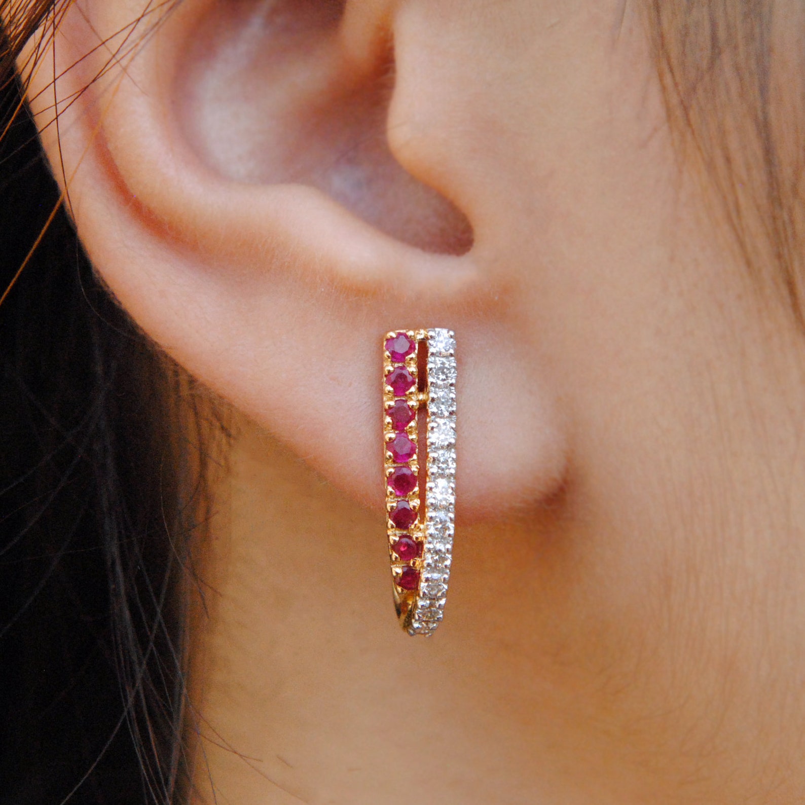 Diamond and Ruby Huggie Earrings Patterned 14K Yellow Gold J - Etsy