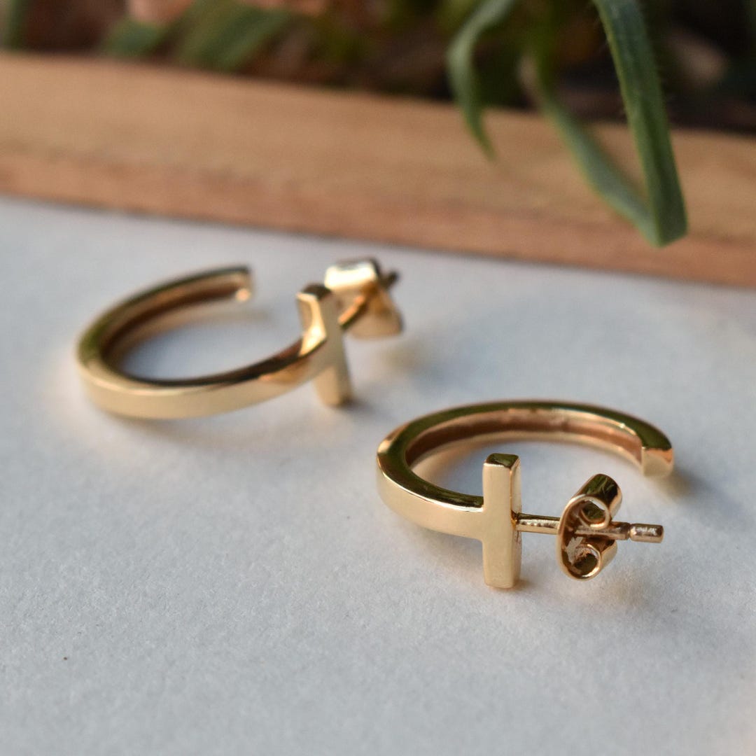 14mm Solid Gold Chunky T Hoops, 14k 18k Yellow White Rose Gold Everyday ...