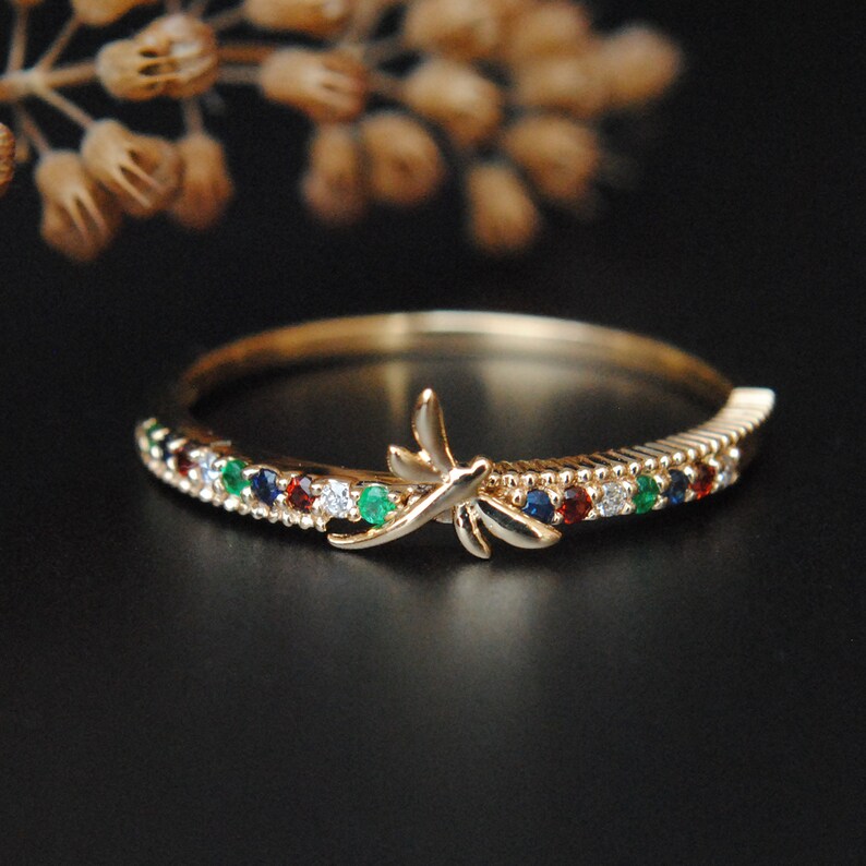 Dragonfly Ring With Multicolored Gemstones in 14k Gold, Damselfly on ...