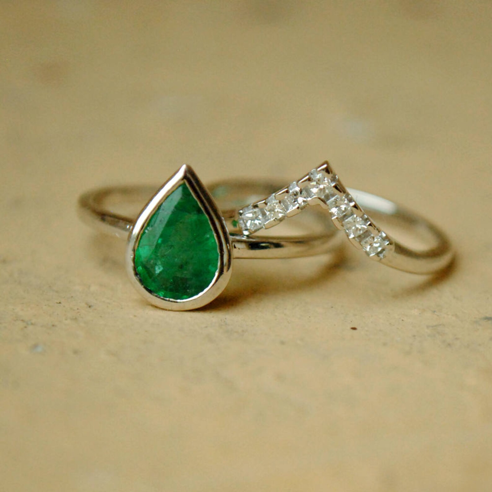 0.50ct Natural Pear Emerald & Princess Diamond Engagement Ring | Etsy