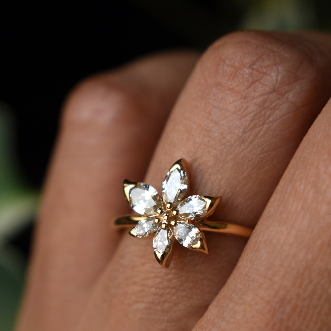 Diamond Lily Engagement Ring, 14k Yellow Gold & Natural Marquise ...