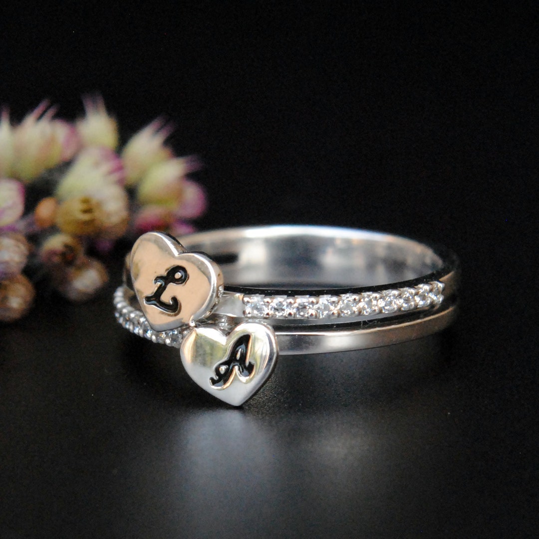 Two Initial Ring, Natural Diamond 2 Letter Heart Ring, 14K 18k Solid ...
