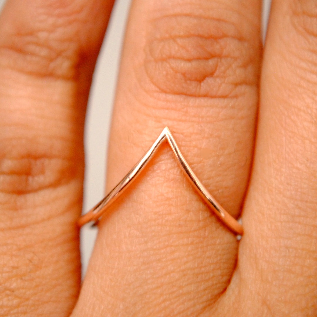 Deep V Ring, 14K Solid Gold 1mm Skinny Simple Dainty Chevron Stack ...