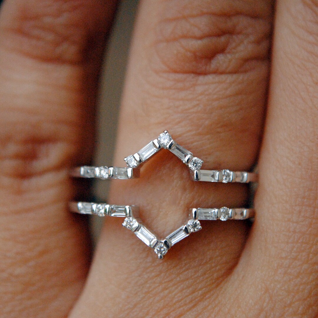 Baguette and Round Diamond Geometric Ring Guard, 14K 18K Gold Ring ...