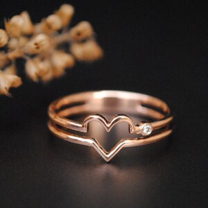 Love Heart Ring With Small Diamond in 14K Solid Gold, Double Band Lover ...