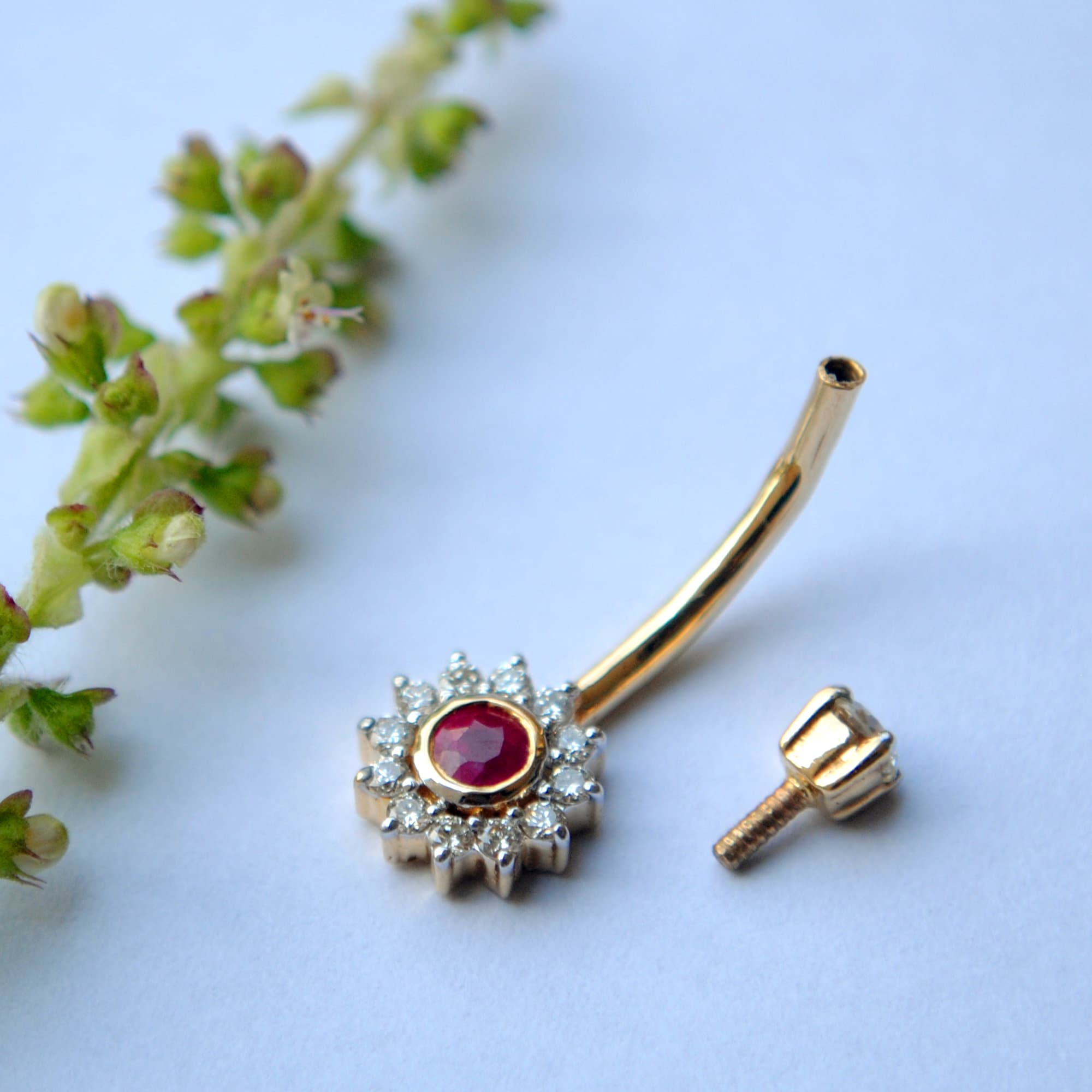 Natural Diamond and Ruby Belly Button Ring 14K Solid Gold - Etsy Israel