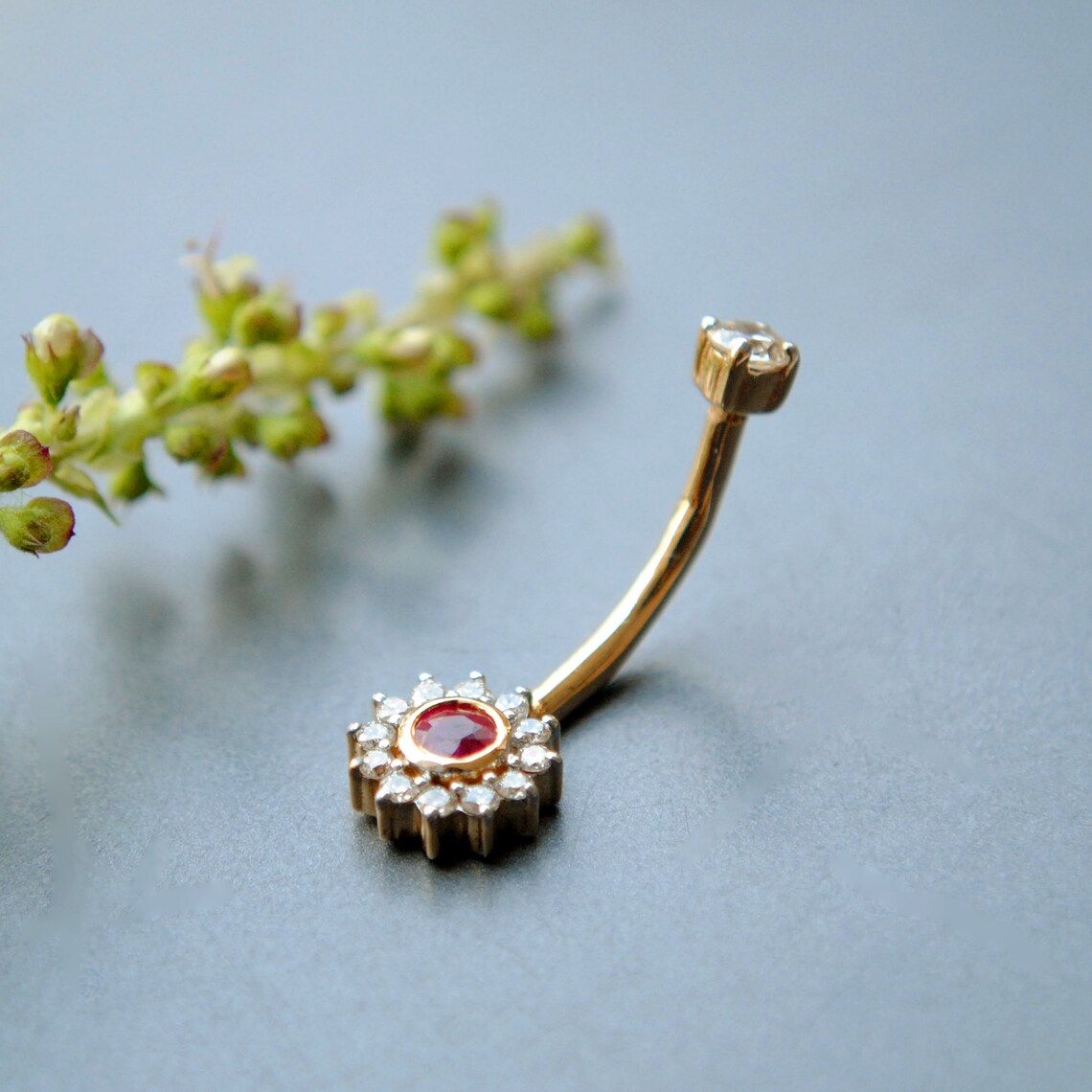 Natural Diamond and Ruby Belly Button Ring 14K Solid Gold - Etsy UK