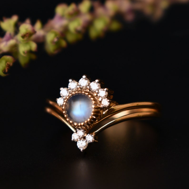 Round Moonstone With Diamond Half Halo Engagement Ring and - Etsy