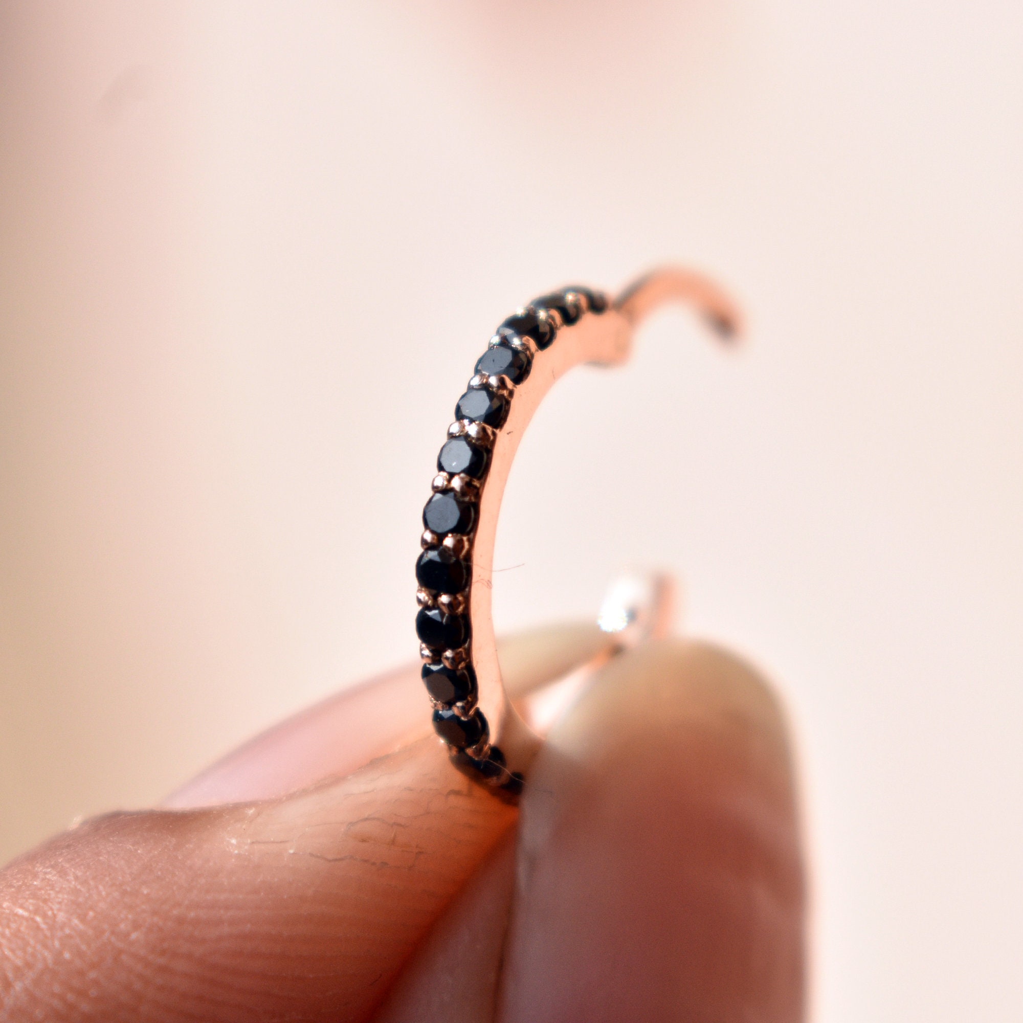5 14mm Natural Black Diamond Clicker 14K 18K Solid Piercing Hoop for Nose Orbital Conch Cartilage Lobe Helix Ear Piercing 14G 16g 18G