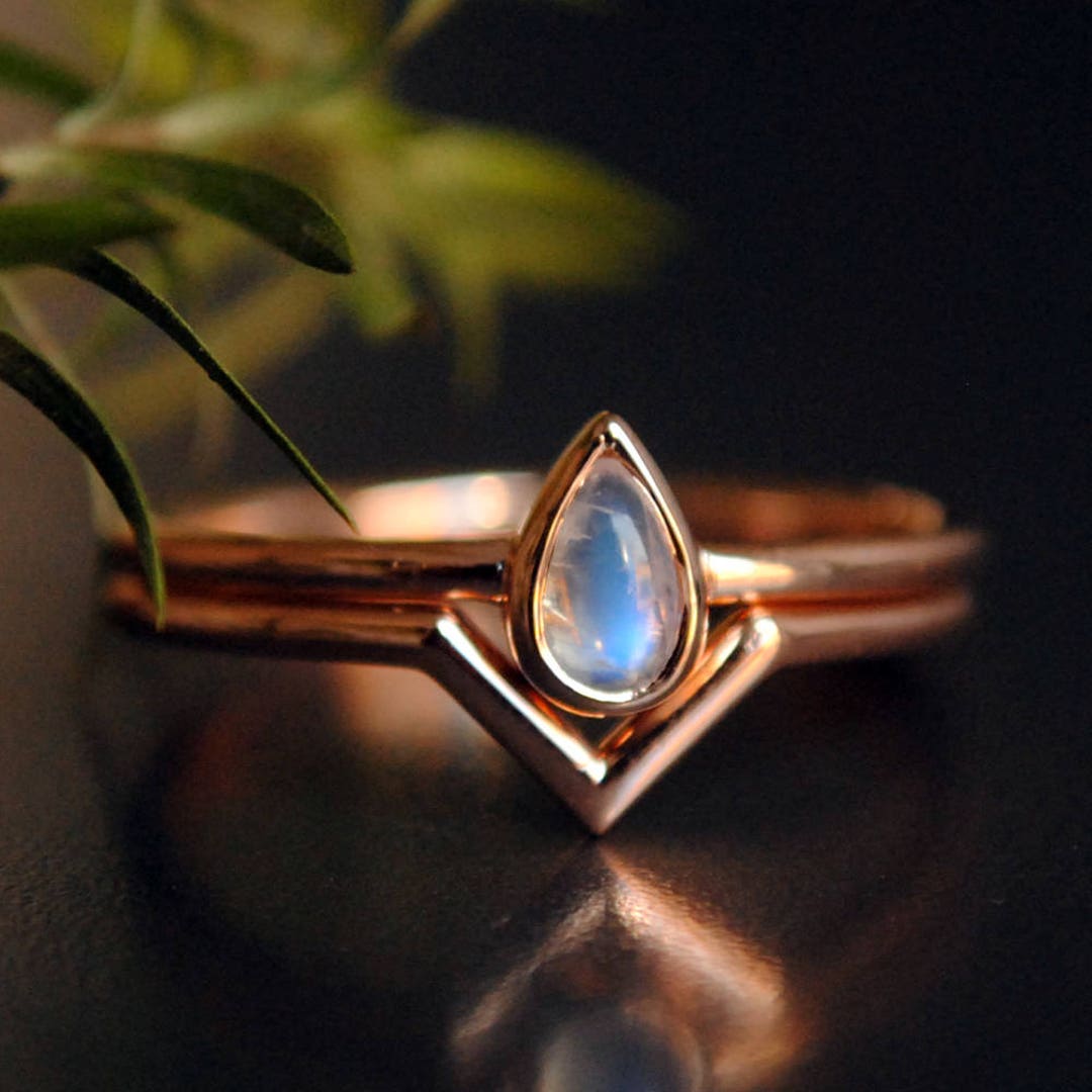 5x3mm Pear Moonstone Wedding Ring Set, 14K 18k Solid Gold Bridal ...