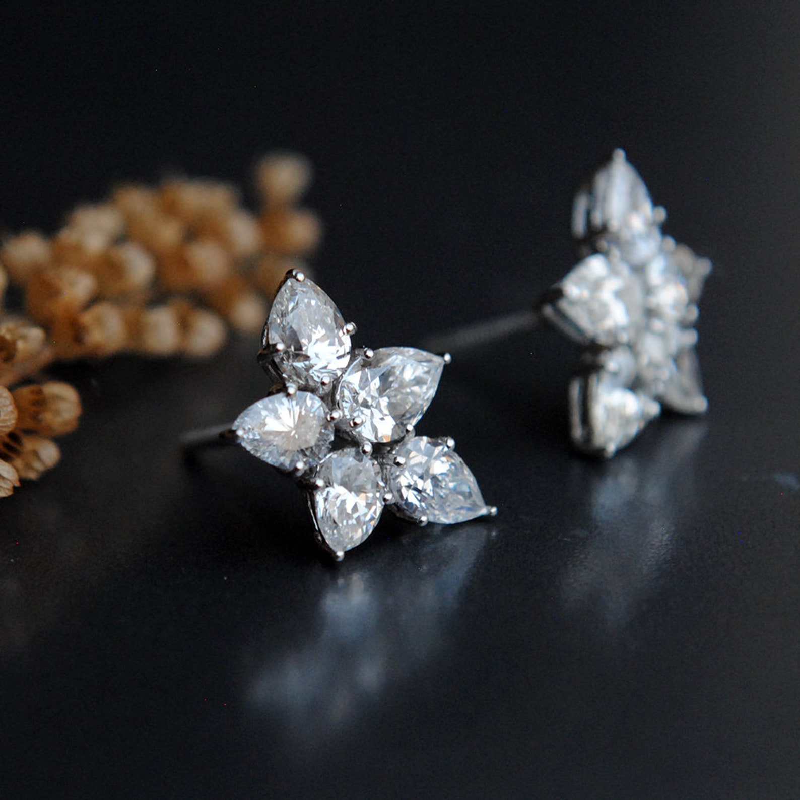 Big Pear Natural Diamond Cluster Ear Clips, 14k 18k Solid Gold Bridal ...