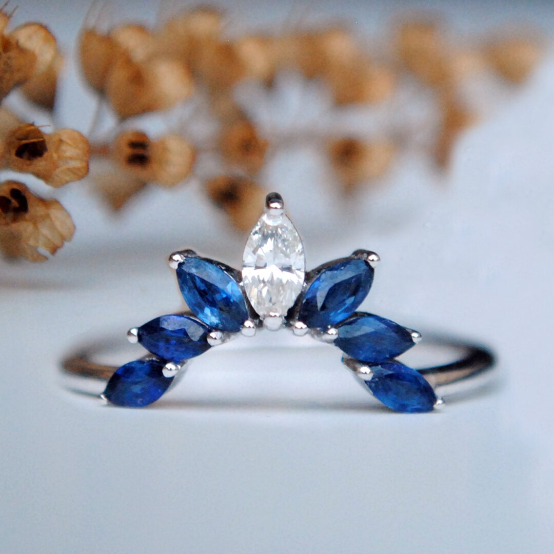 Diamond and Sapphire 14K Gold Curved Bridal Stack Ring, Marquise Multi ...