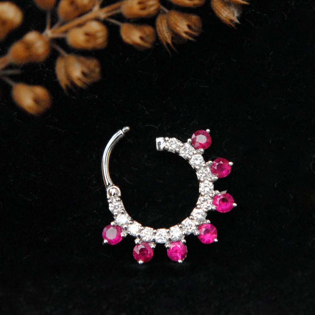 6mm-12mm Diamond & Ruby Daith Septum Clicker, 14k 18k Solid Gold ...