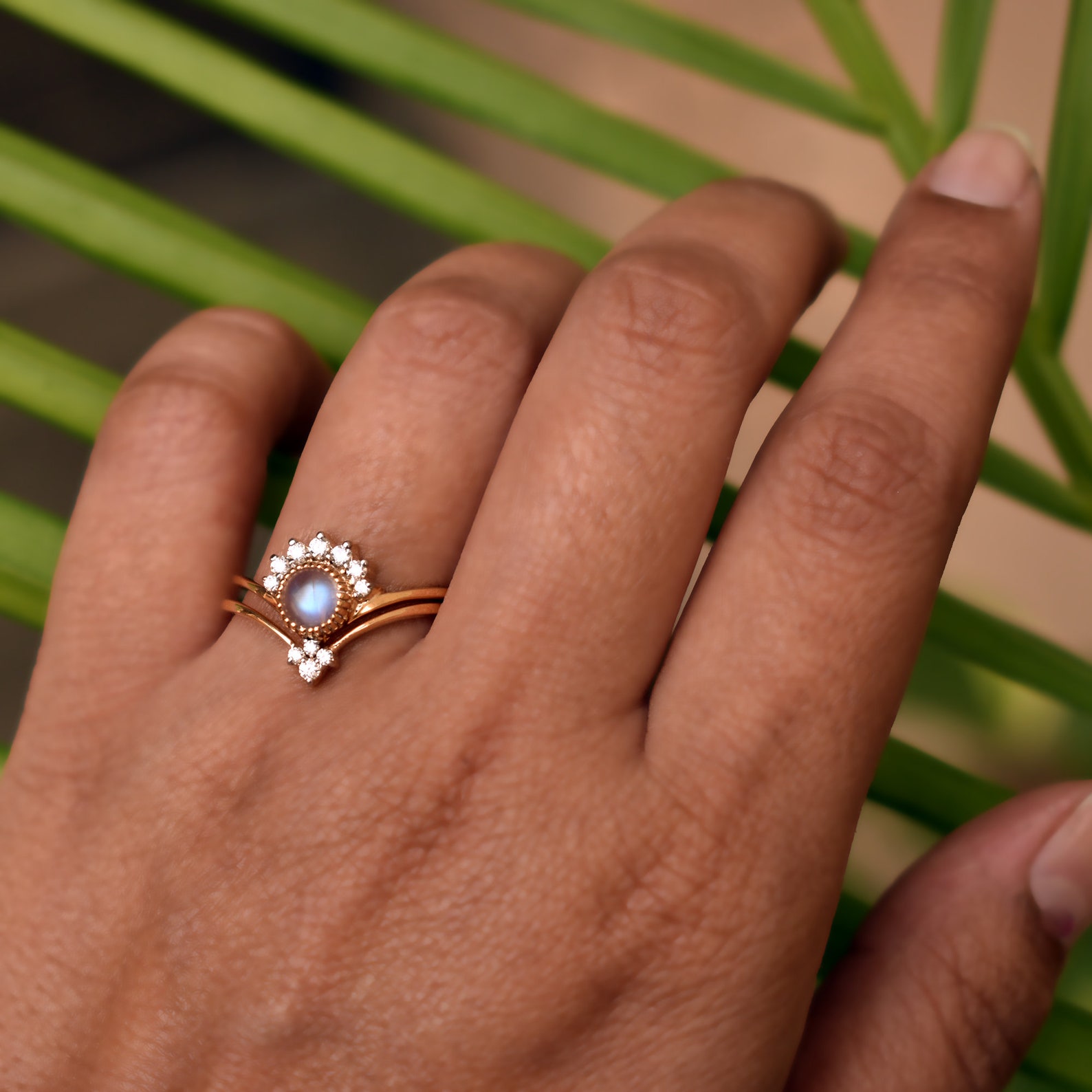 Round Moonstone With Diamond Half Halo Engagement Ring and - Etsy