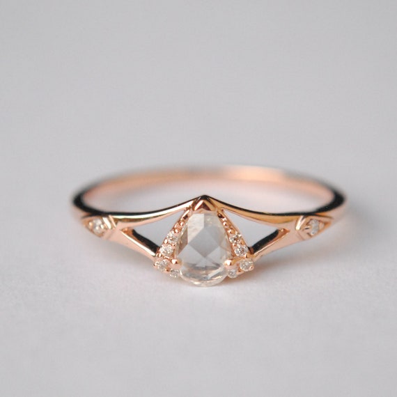 Pear Rose Cut Diamond Engagement Ring in Illusion Triangle | Etsy