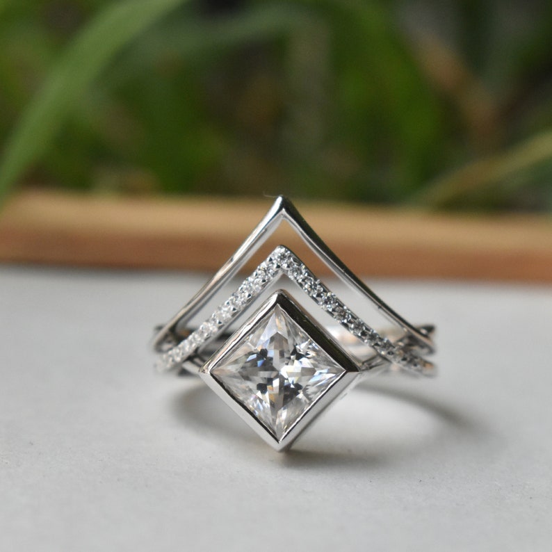 3pc INTERLOCKING RINGS Set, 6.5mm Princess Moissanite Solitaire ...